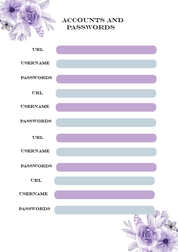 Account Information Tracking Sheets User Name Email Password Online ...