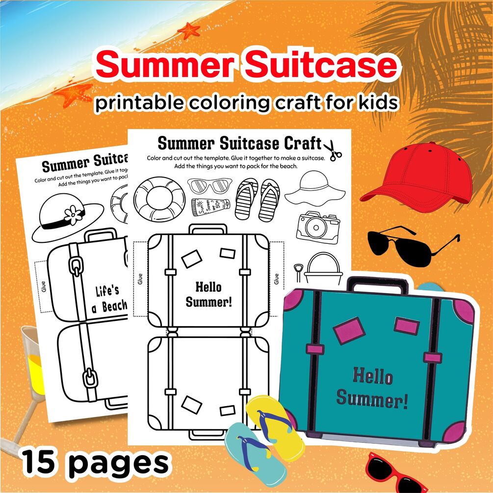 Summer Beach Suitcase Craft for Kids, Summer Activity, Coloring Craft ...