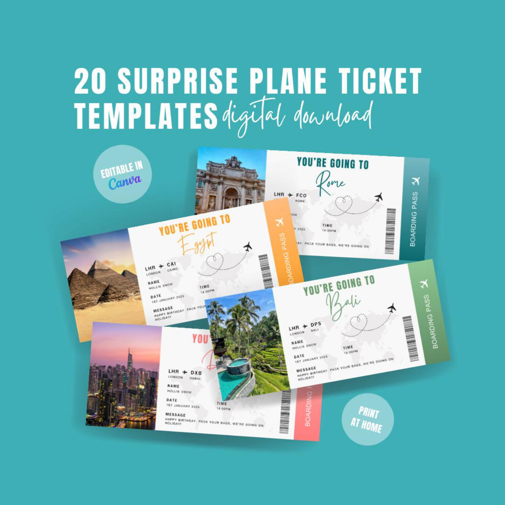 20 Surprise destination plane ticket templates - Customisable