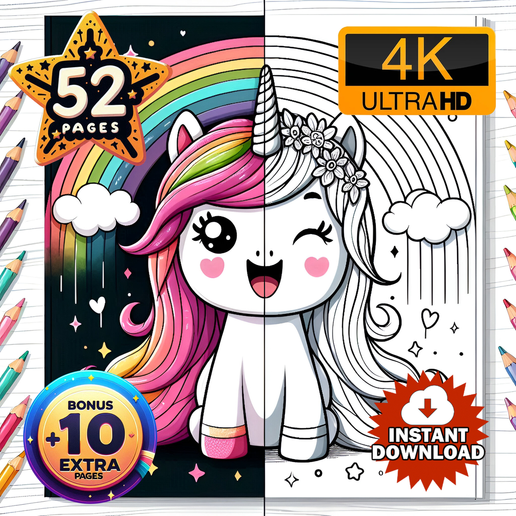 Unicorn coloring pages for kids + BONUS UHD 4K