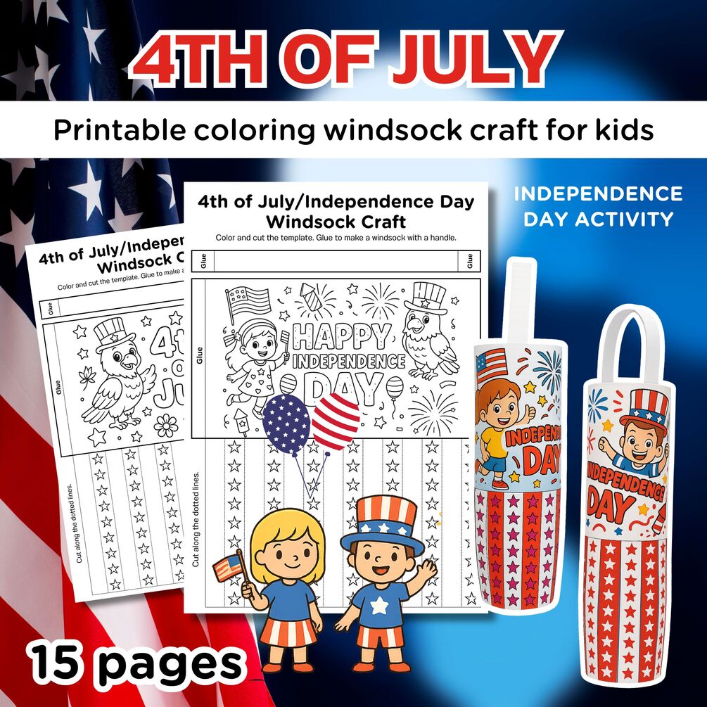 4th of July Windsock Craft for Kids, Independence Day Coloring Activity ...