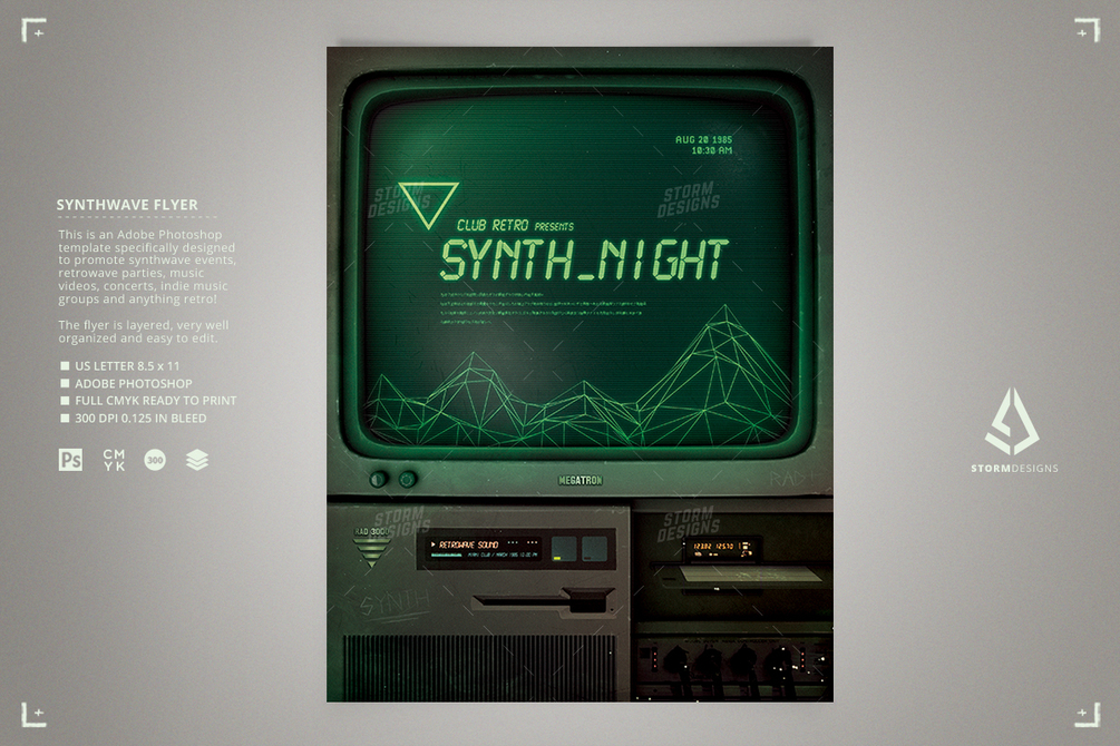 Synthwave Flyer v11 Retrowave 1980s Cyberpunk Monitor Template