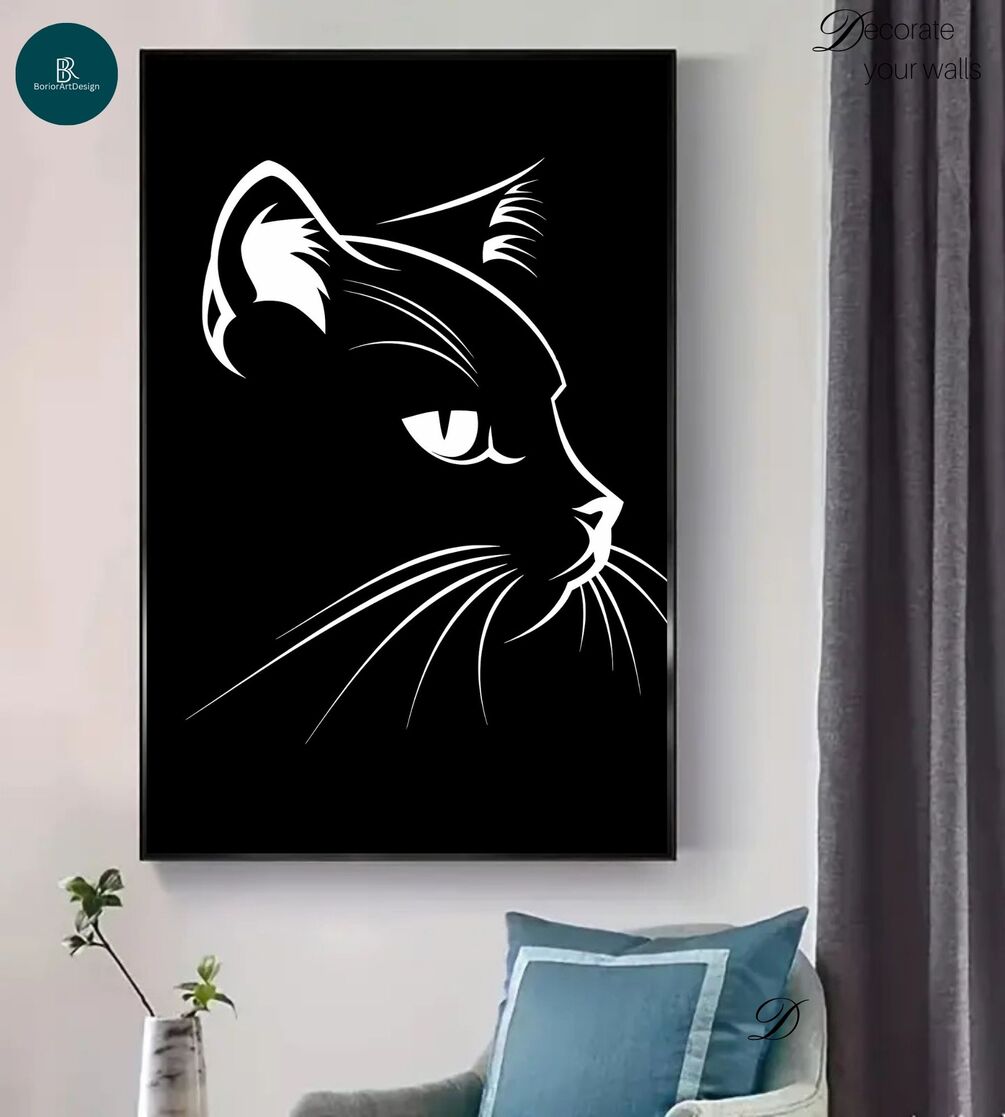 Art chat noir |Oeuvre d'Art Numérique Chat Noir | Portrait Élégant de Chat sur Fond Blanc ...