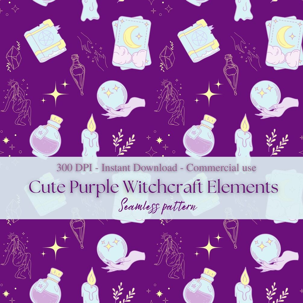Cute Purple Witchcraft Elements – Seamless Pattern – Commercial Use PNG