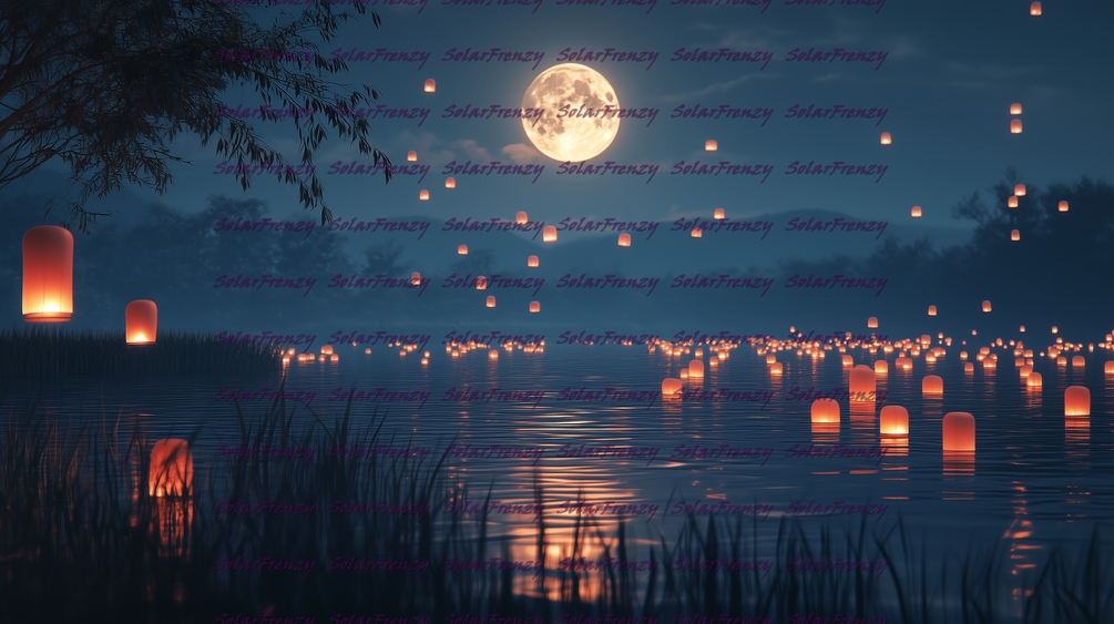 Lanterns Floating on a Serene Lake Under the Full Moon