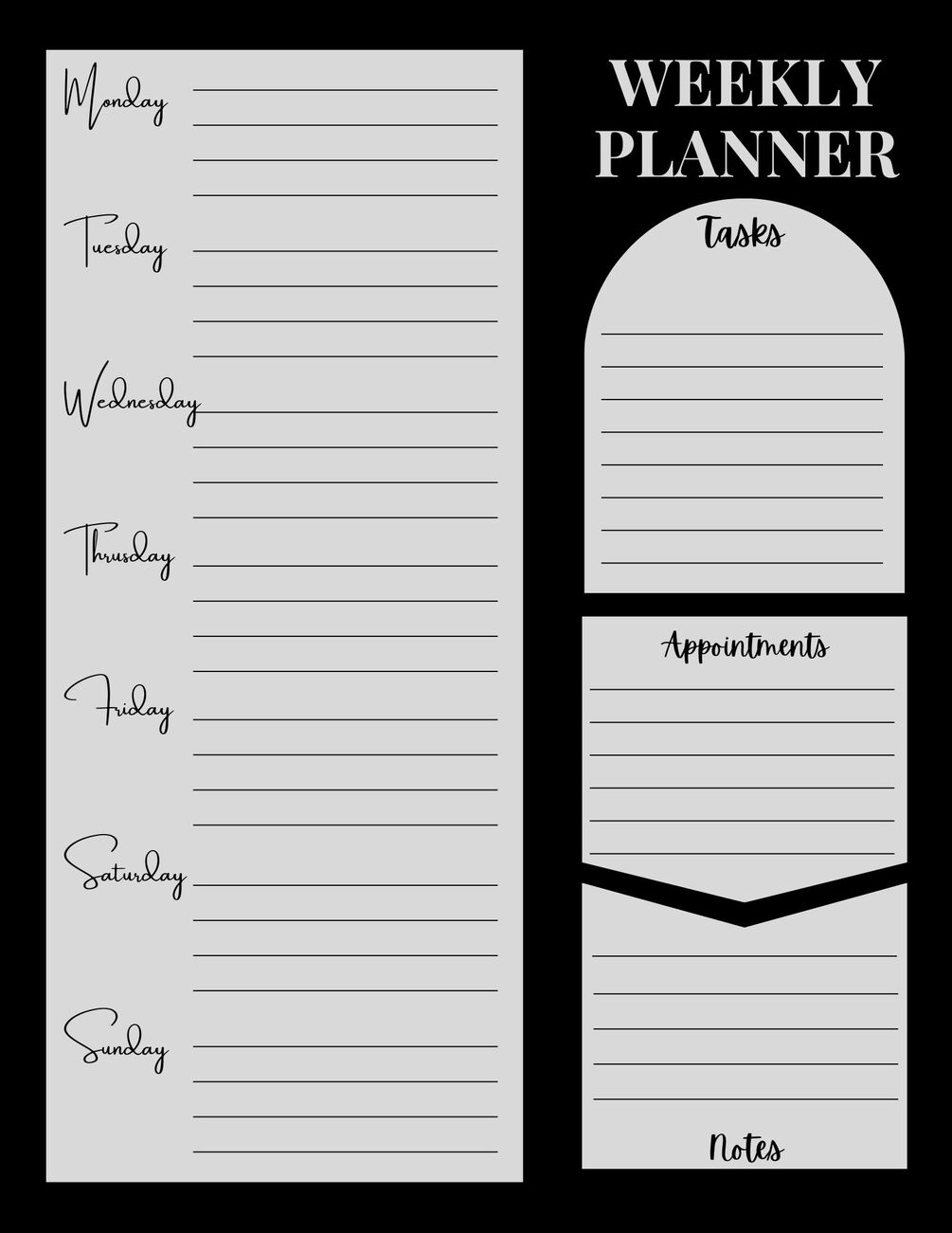 Weekly Planner Printable - Single page Black and Light Grey