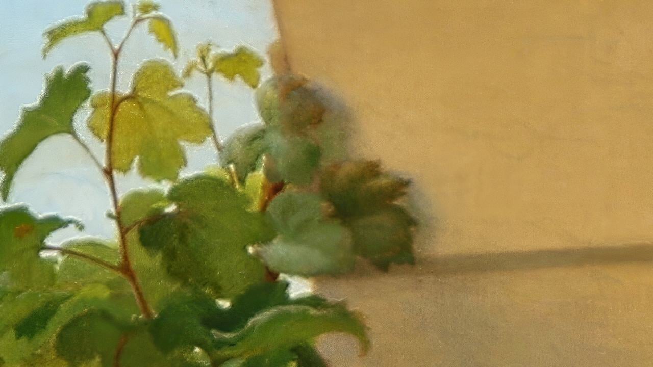 An old woman with a spindle sitting in an Italian loggia. by Anton Dorph