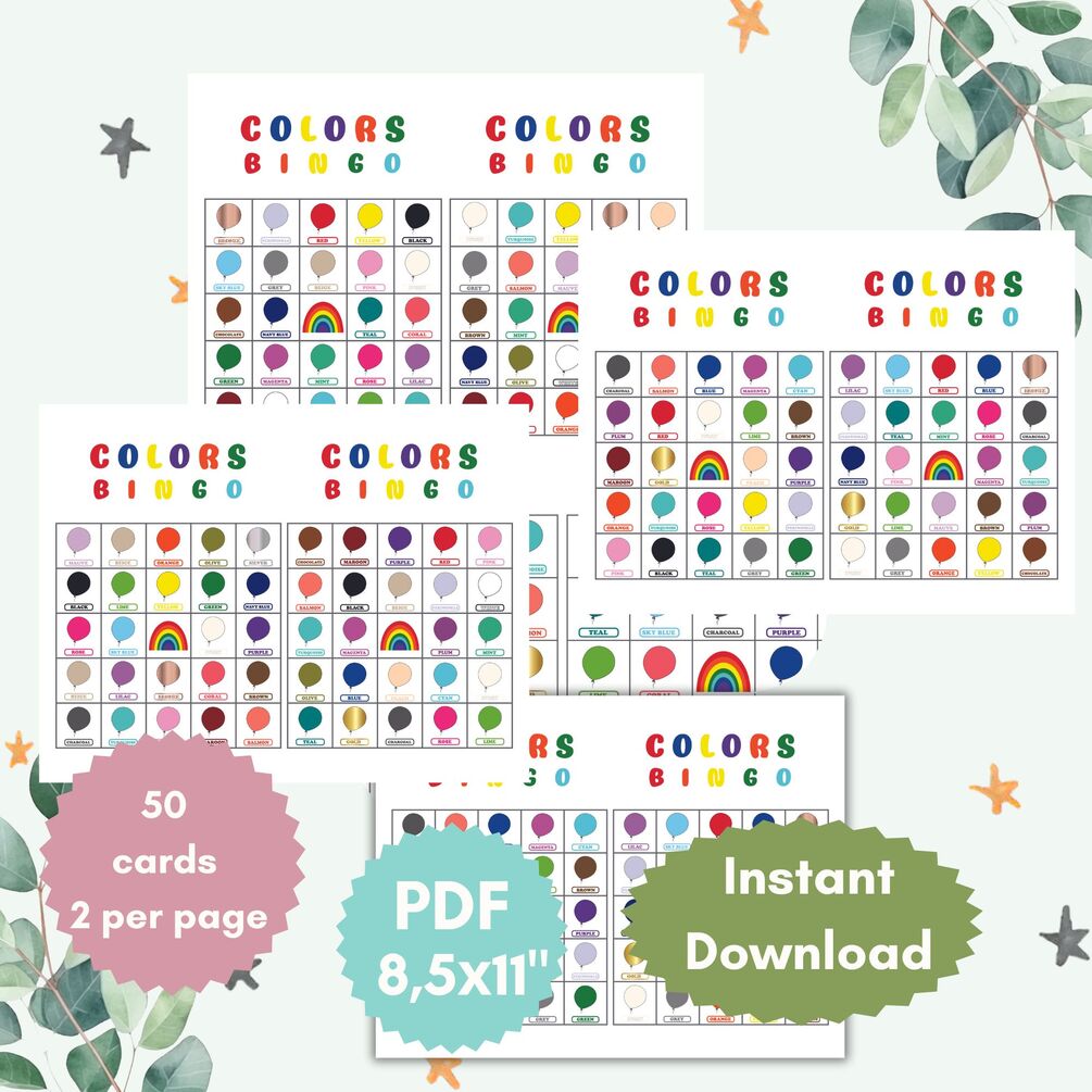 50 Color Bingo Cards Colors Learning Bingo game Preschool Printable ...