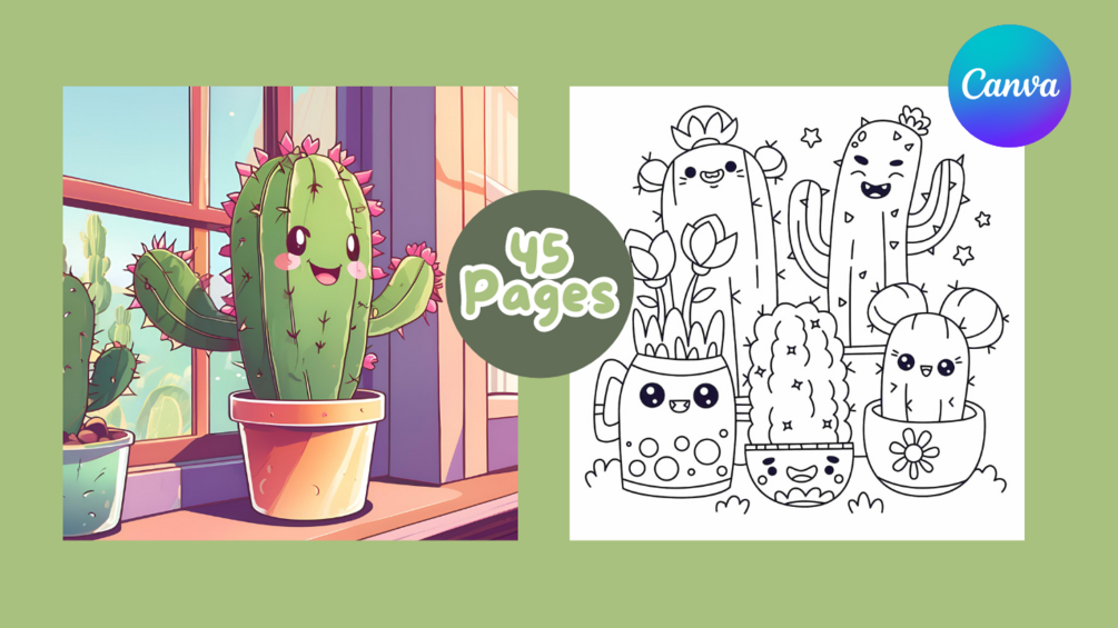 45 Kawaii Cactus Coloring Pages for Kids + Adults, Cute Coloring Book ...