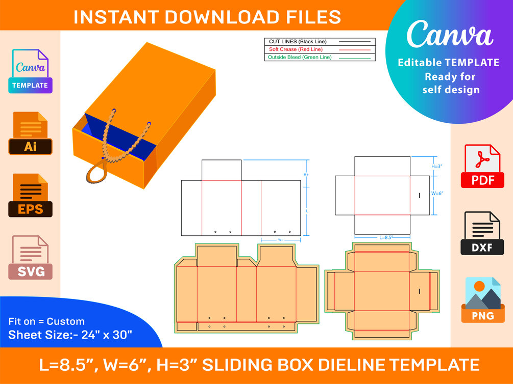 Sliding Shoe Box Rope Handle Mini Size Dieline template