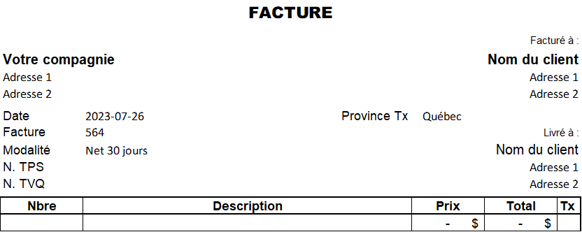 Modèle de facture pour les entreprises au Québec (français)
