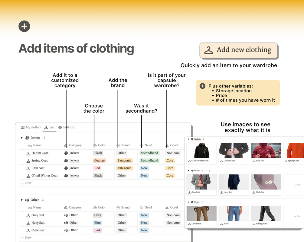 Virtual wardrobe & clothing organizer on Notion