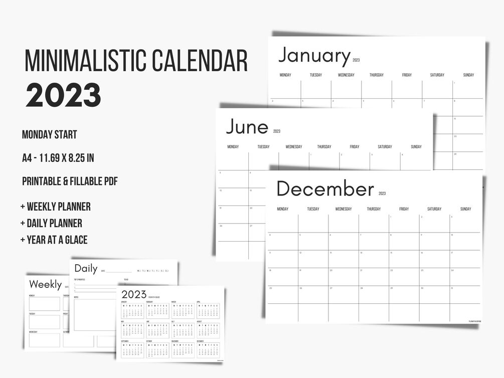 Minimalistic Calendar 2023, Printable & Fillable, A4, Monday start [FREE]
