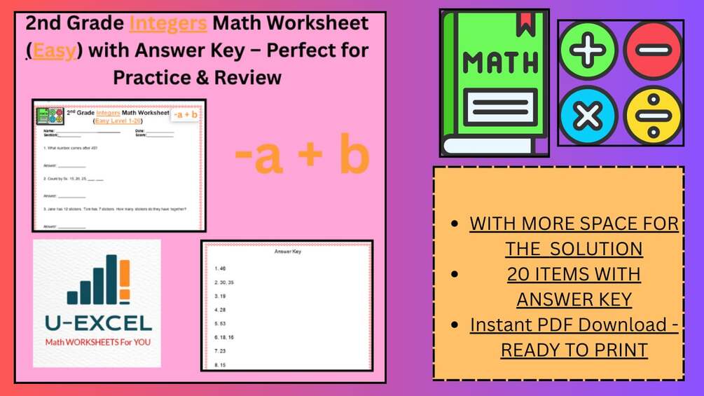 2nd Grade Integers Math Worksheets Easy with answer key - Perfect for ...