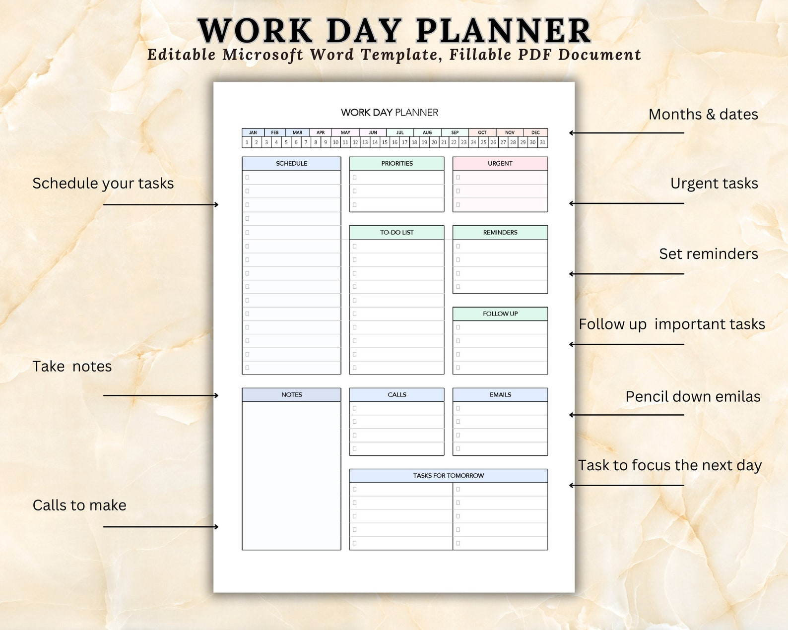 Editable Work Planner Digital Template, Work Day Organizer, Printable ...