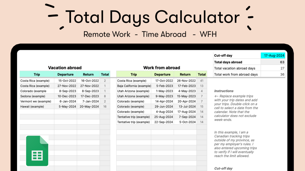 Remote Work/Time Abroad/WFH Total Days Calculator