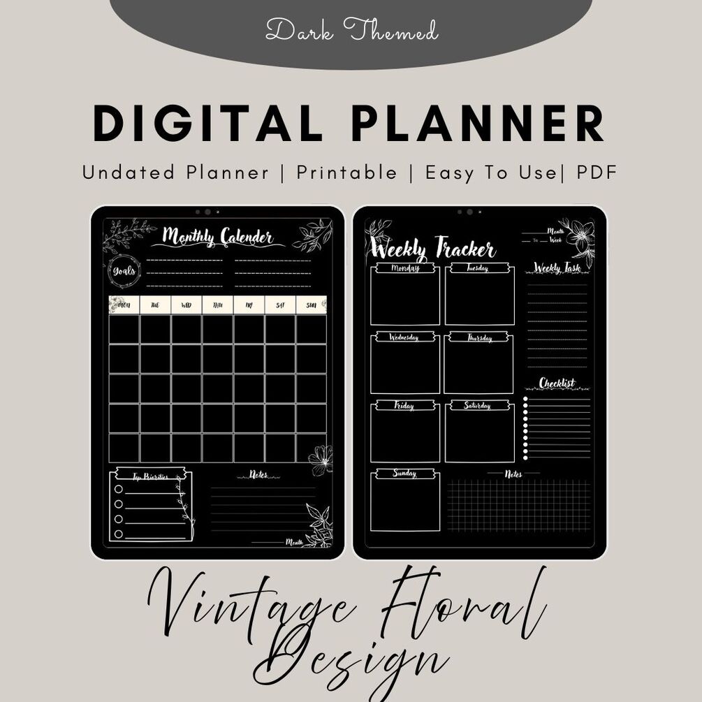 Minimalist Monthly & Weekly Planner – Dark Floral Theme (Printable PDF)