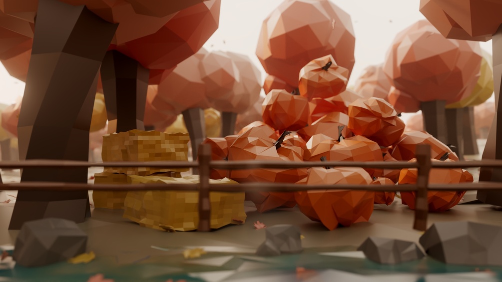 Low Poly Fall Pumpkin Scene C4D 2023 + Redshift