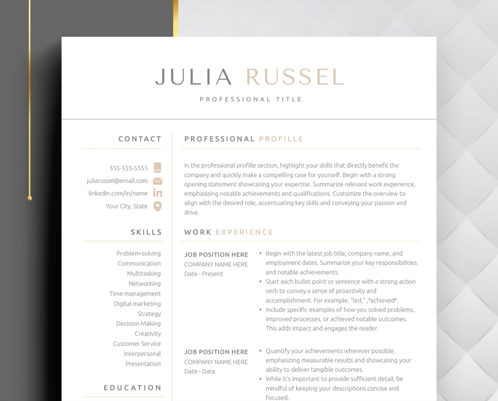 Modern Resume Template for Word & Pages, 1-3 Pages | CV Template with 3 ...