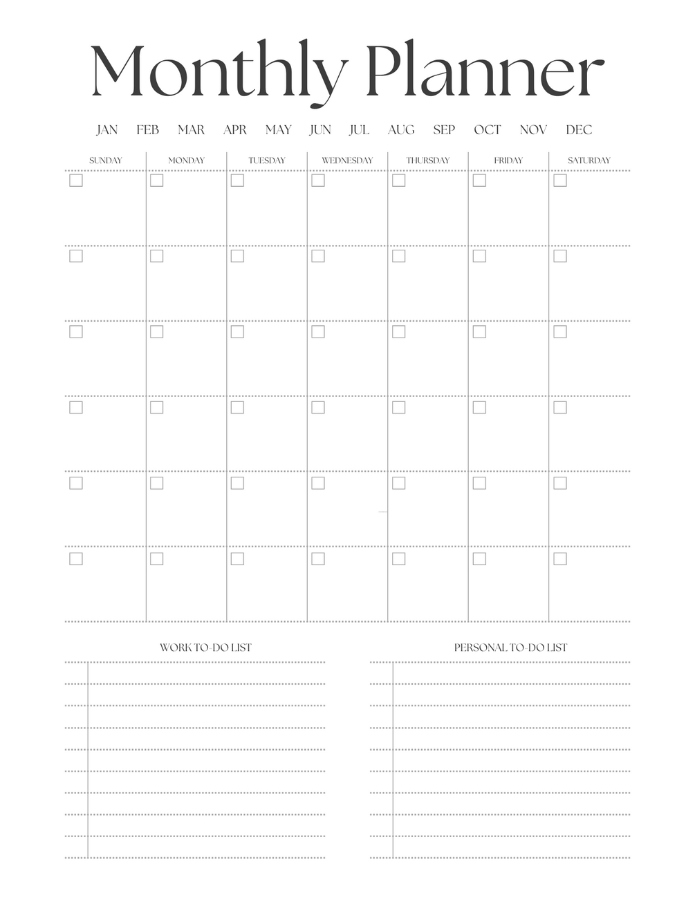 Black and White Simple Monthly Planner