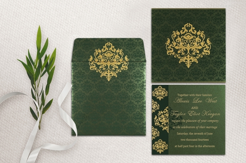 Green Shimmery Damask Themed - Screen Printed Wedding Card