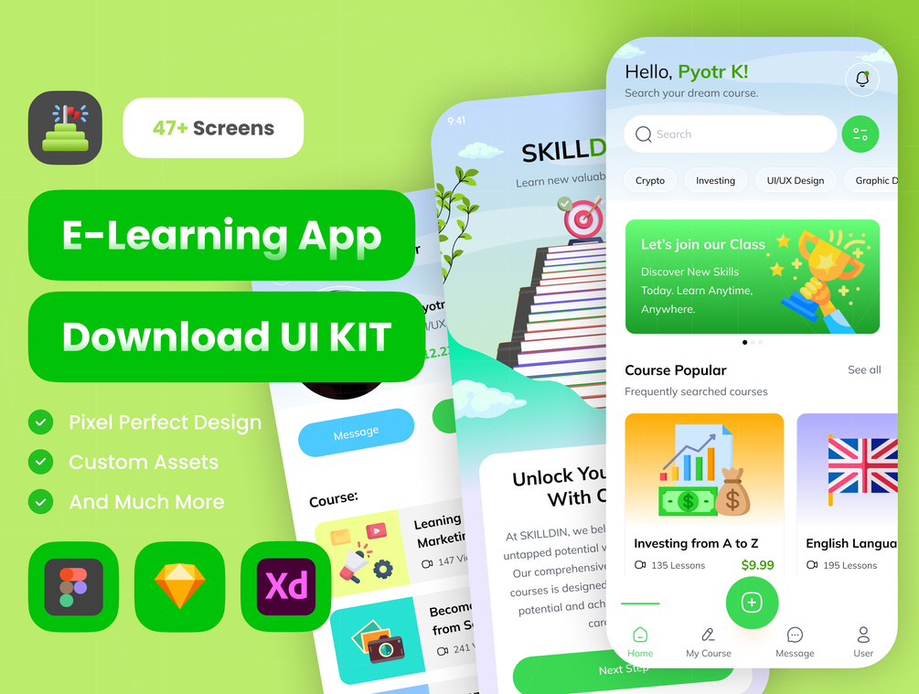 🎓 E-Learning & Course Learning Mobile App UI Kit - SKILLDIN