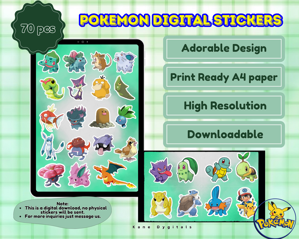 Digital Pokémon Sticker Pack - 70pcs Ready-to-Print Designs| A4 Paper Size