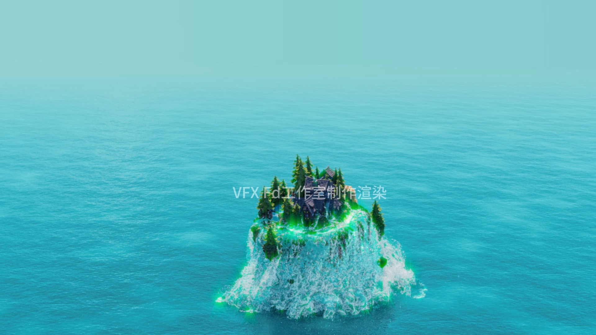 Houdini20 creates a fantasy island water outlet solution rendering file