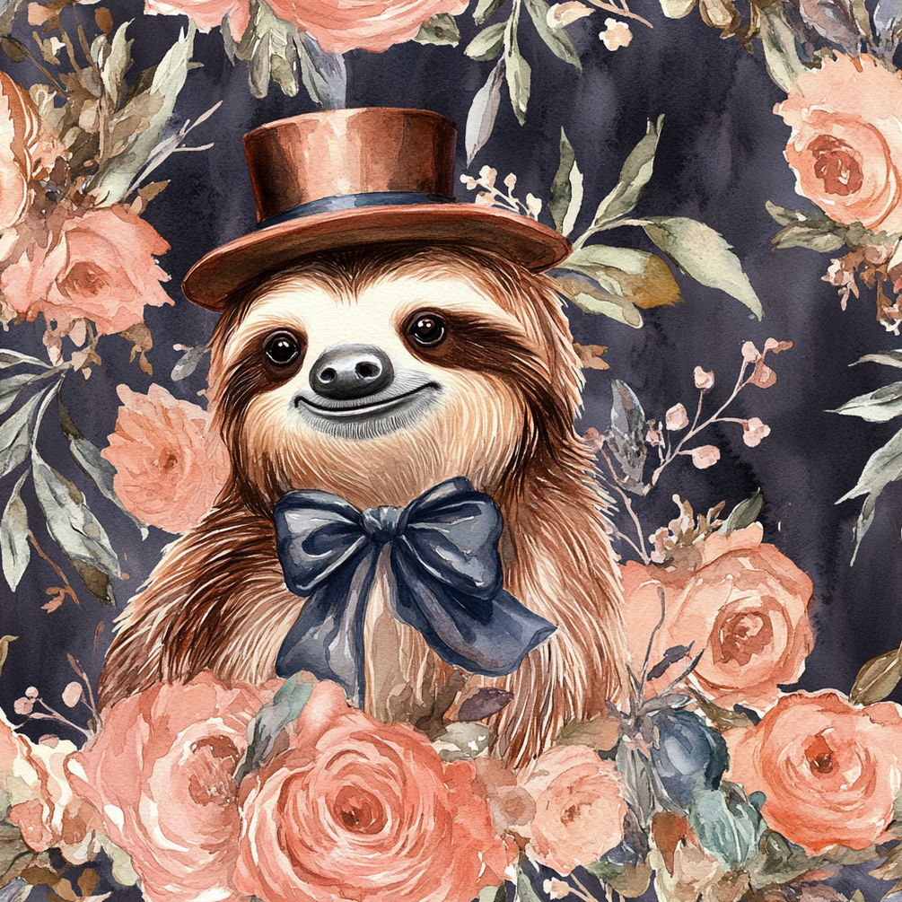 Quirky Repeating Vintage Animal Patterns - Sloth & Top Hat Blue