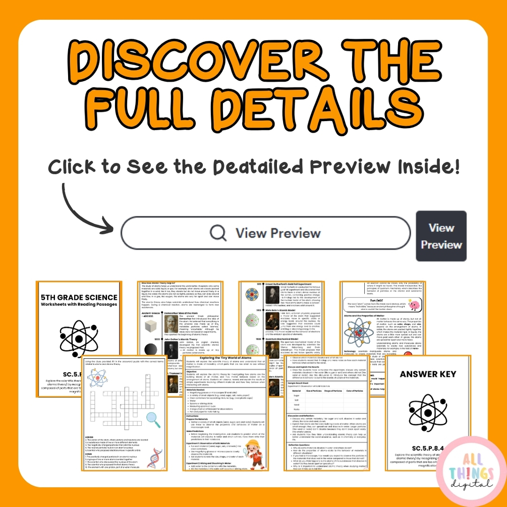 The Atomic Theory SC.5.P.8.4 5th Grade Physical Science Activity ...