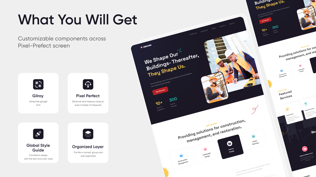 Editable Figma Construction Engineering Landing Page UI UX Design UI Kit
