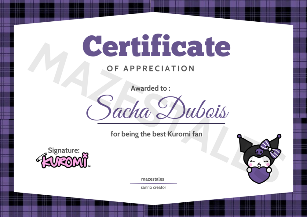 Certificate of Appreciation for the Ultimate Kuromi Fan