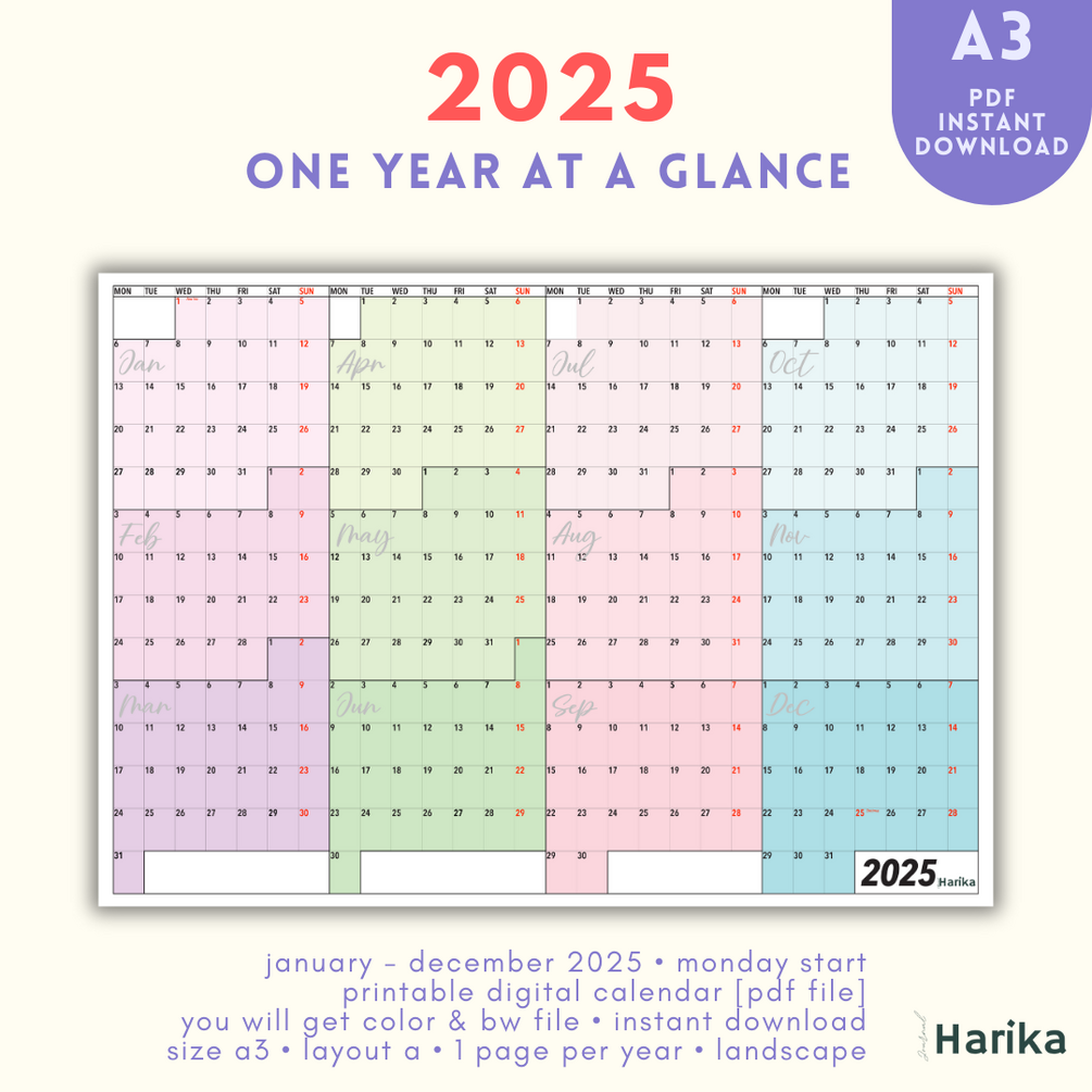 2025 One Year at a Glance | Yearly Calendar | Monday Start | PDF ...