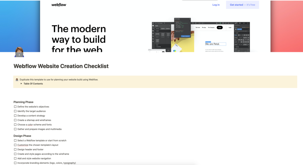 Notion - Webflow Website Creation Checklist Template