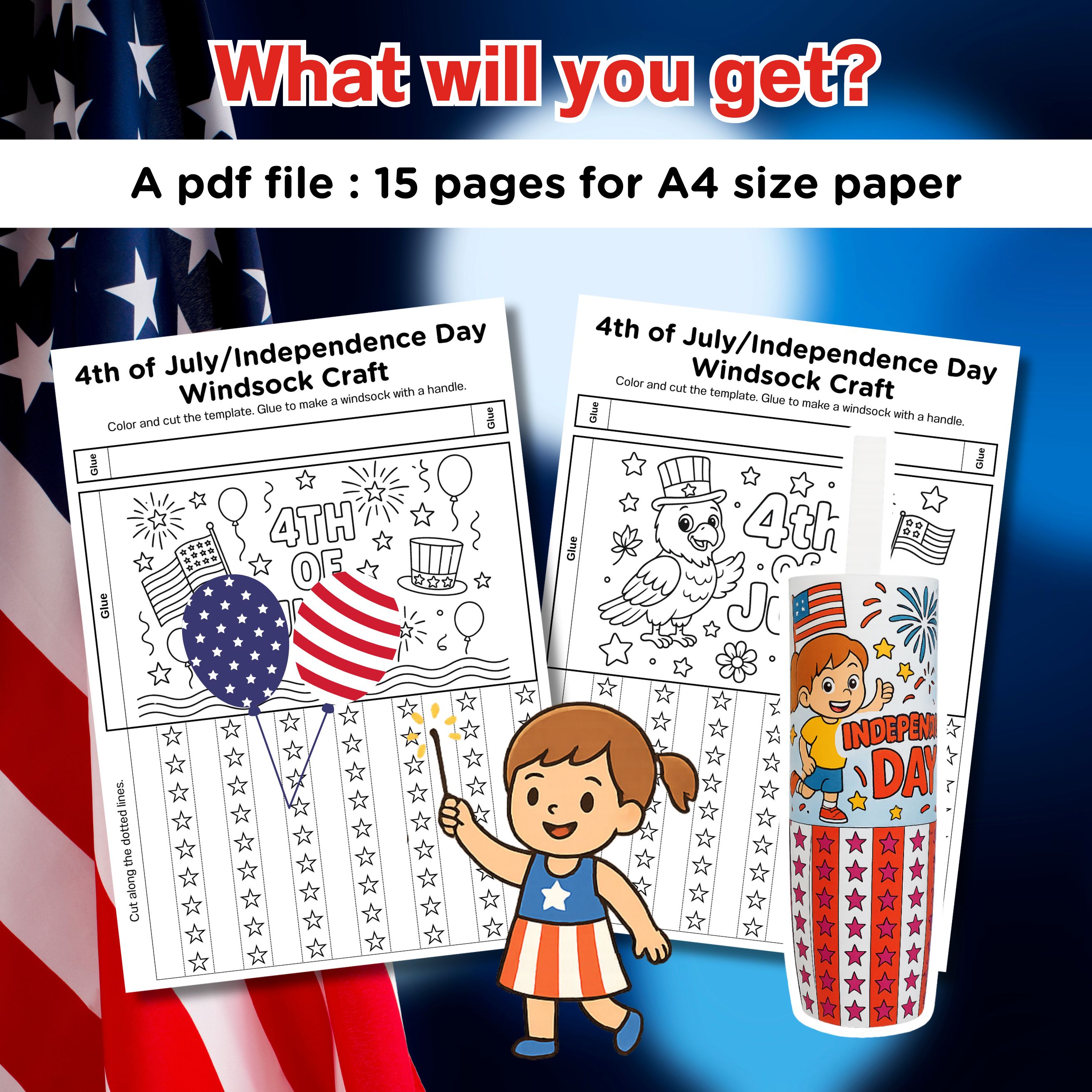 4th of July Windsock Craft for Kids, Independence Day Coloring Activity ...