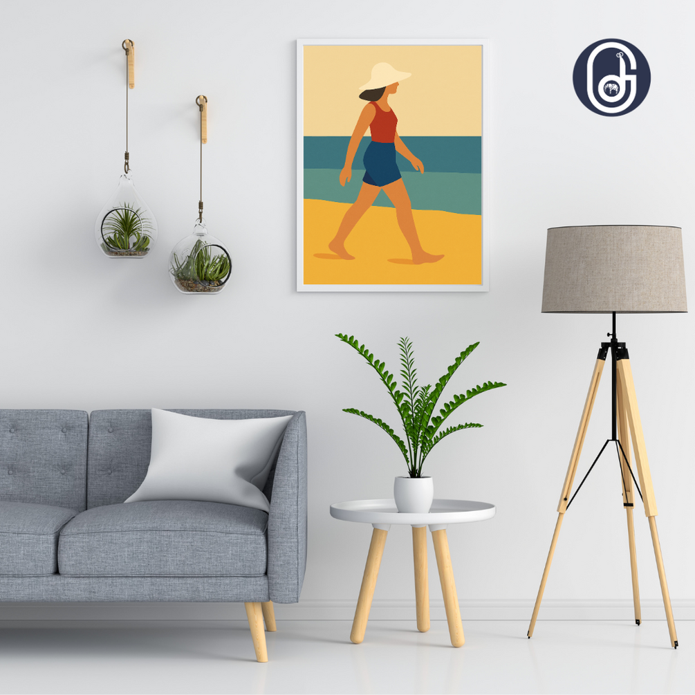 Minimalist Beach Walk Art Print – Woman Walking by the Sea in Retro ...