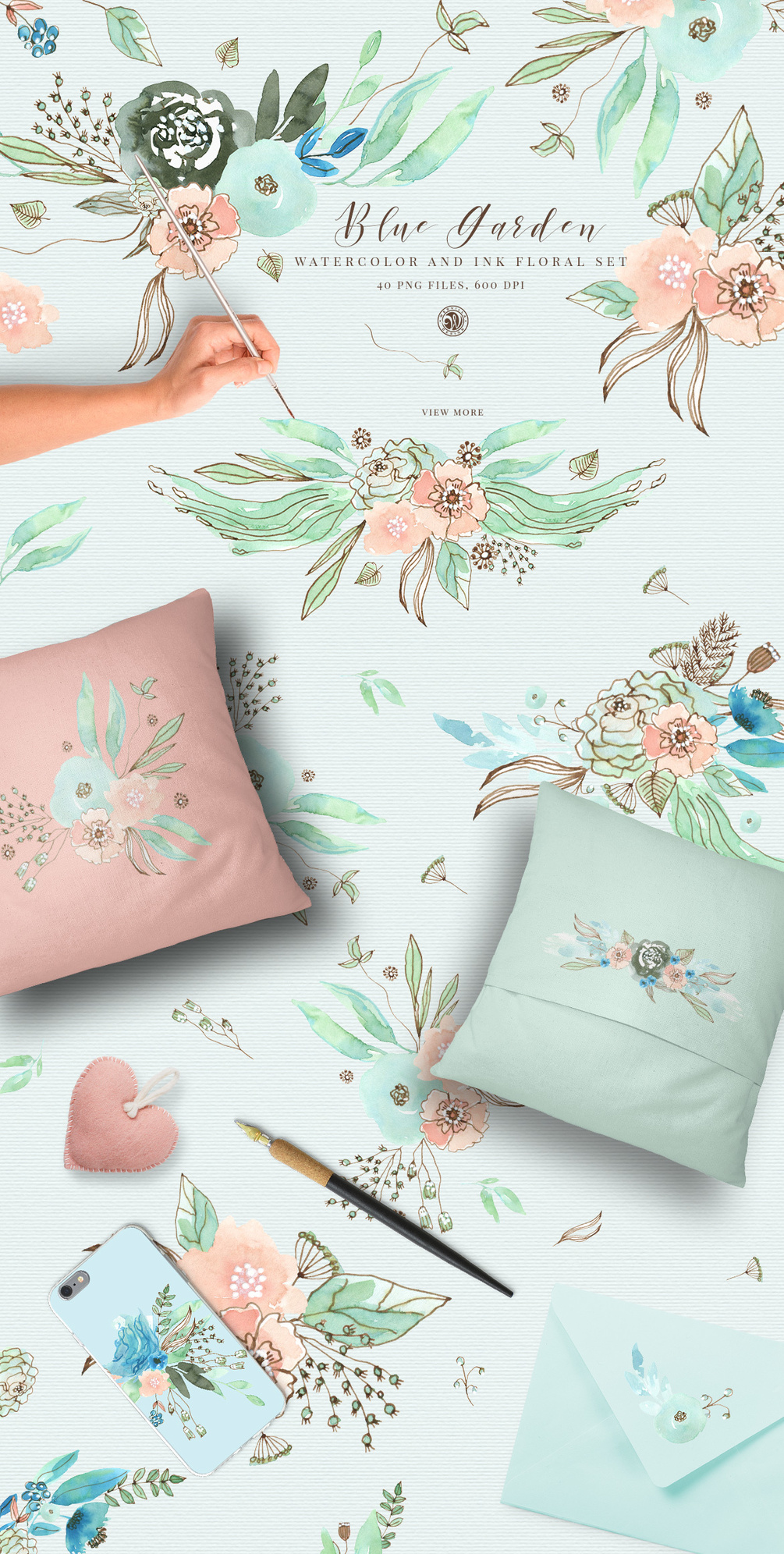Blue Garden - watercolor floral set
