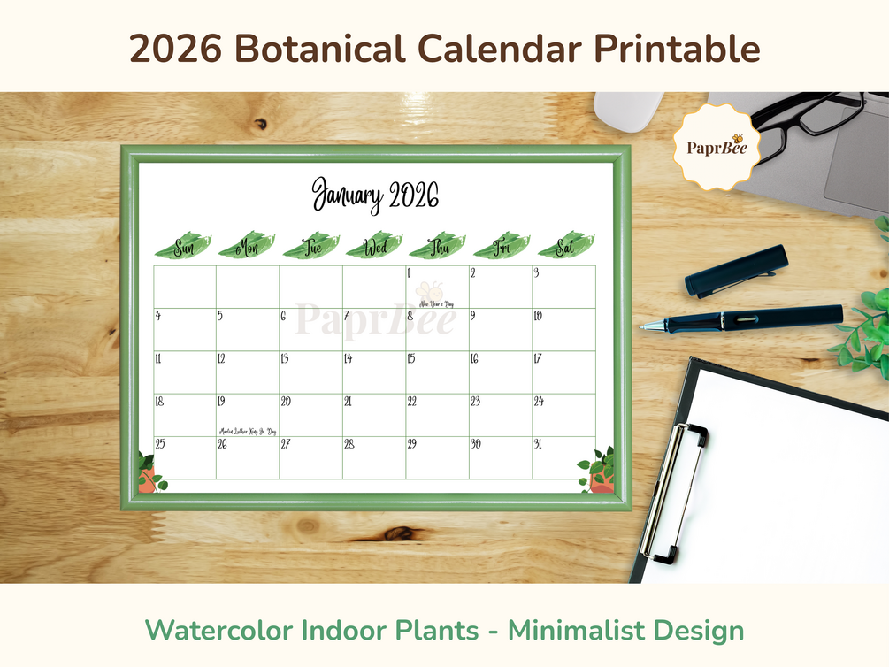 2026 Botanical Watercolor Calendar | A4 Printable PDF | With & Without ...