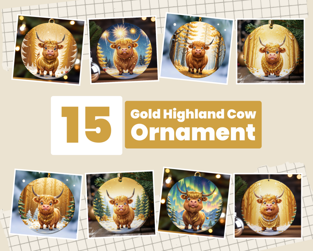 15 Gold Christmas Highland Cow Ornaments PNG Bundle, Golden Christmas ...