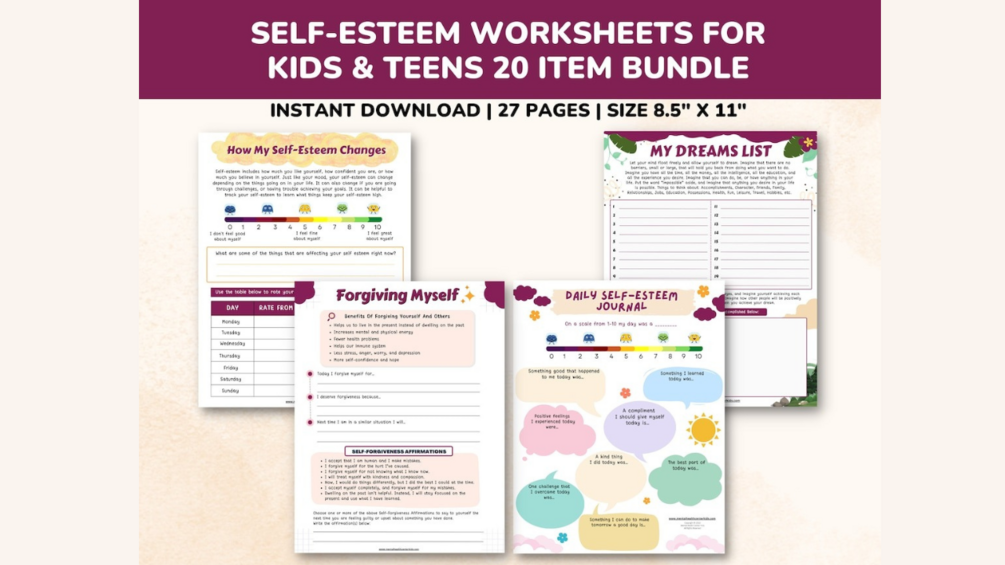 Self-Esteem Worksheets 20 Item Printable Bundle for Kids & Teens-Mental ...