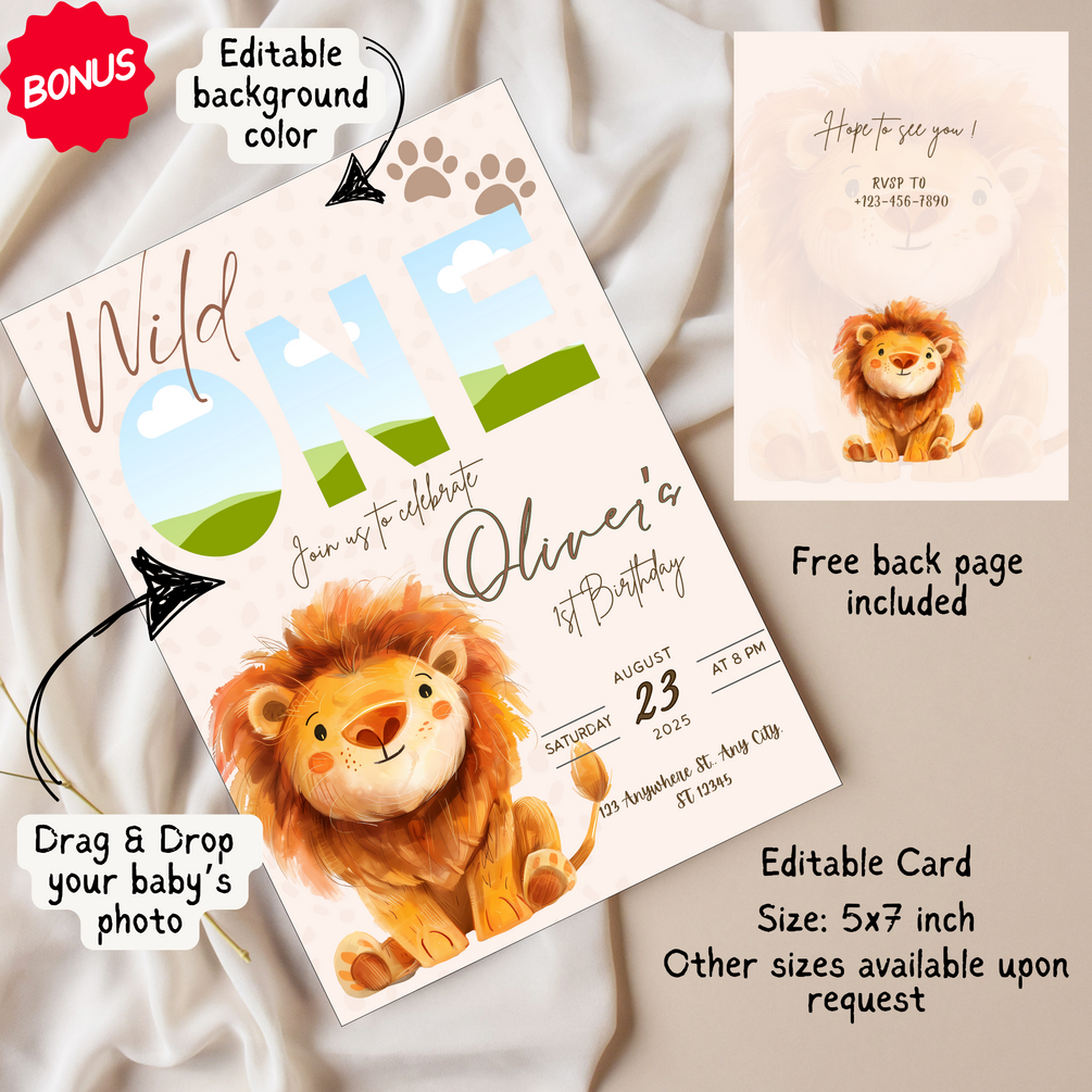Wild One Lion Birthday Invitation Template