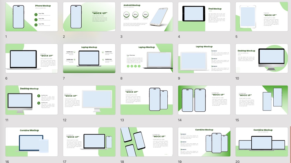 20 PowerPoint mockups presenting products on various devices
