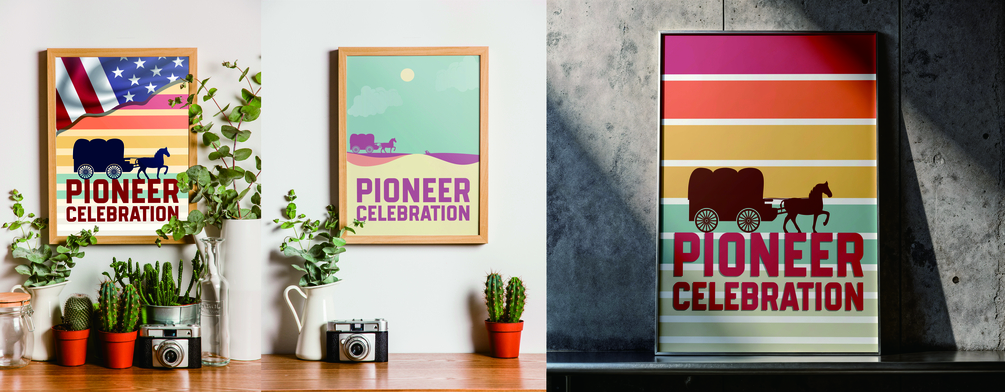 pioneer day celebration poster with west american emigrant wagon