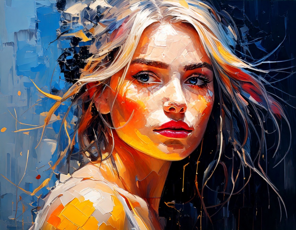A colorful painting of a young woman