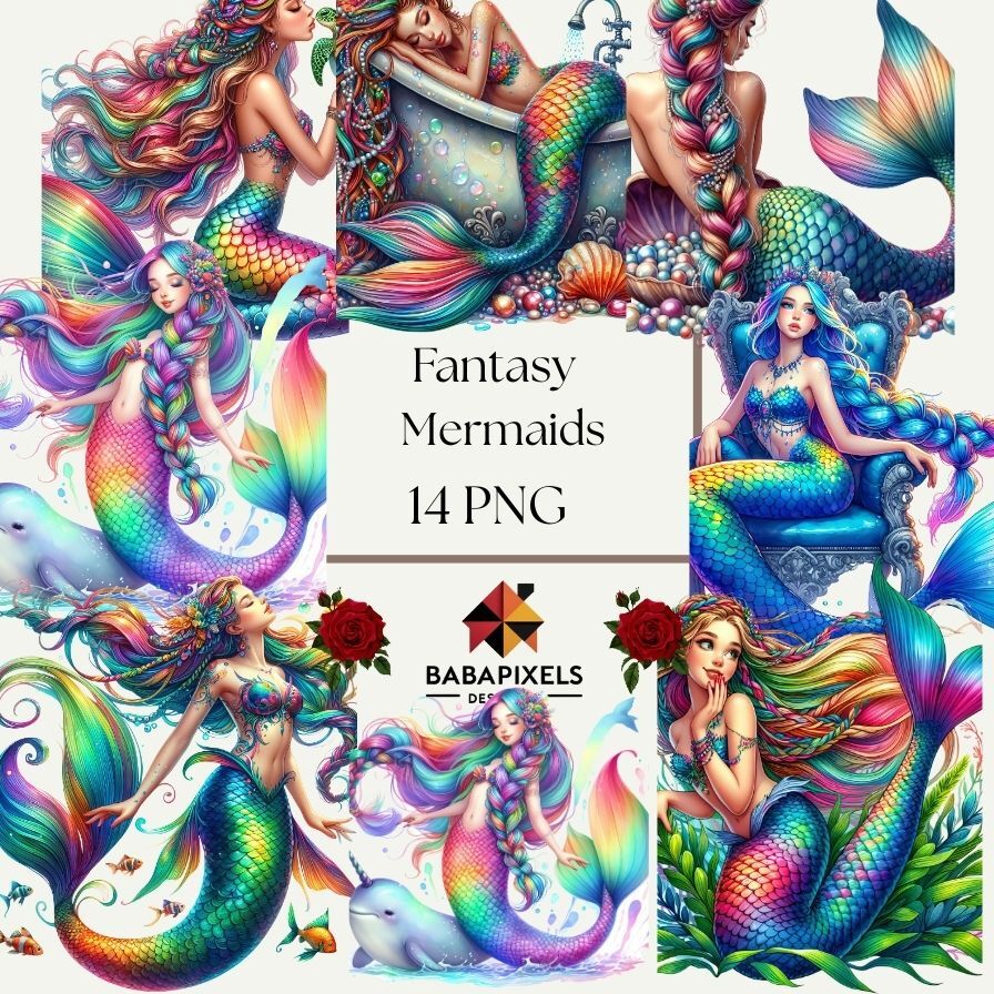 Fantasy Mermaids Clipart PNG Bundle (14 Designs) | Commercial Use Boho ...
