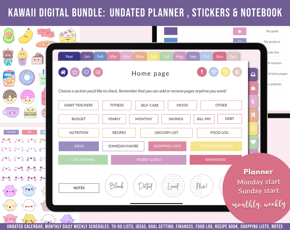 Kawaii Undated GTD Digital Planner + GoodNotes Sticker Book