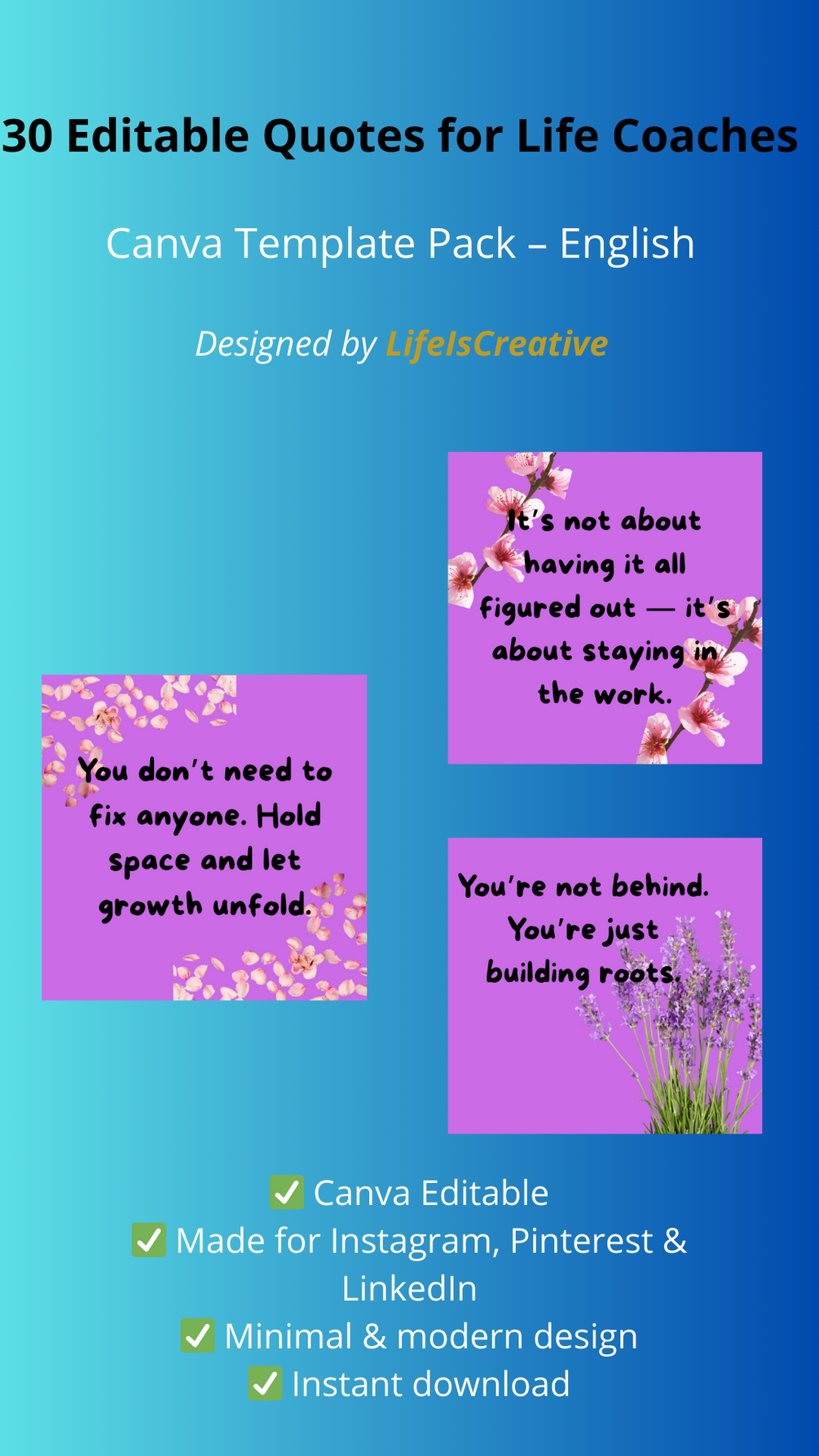 30 Editable Quotes for Life Coaches – Canva Template Pack