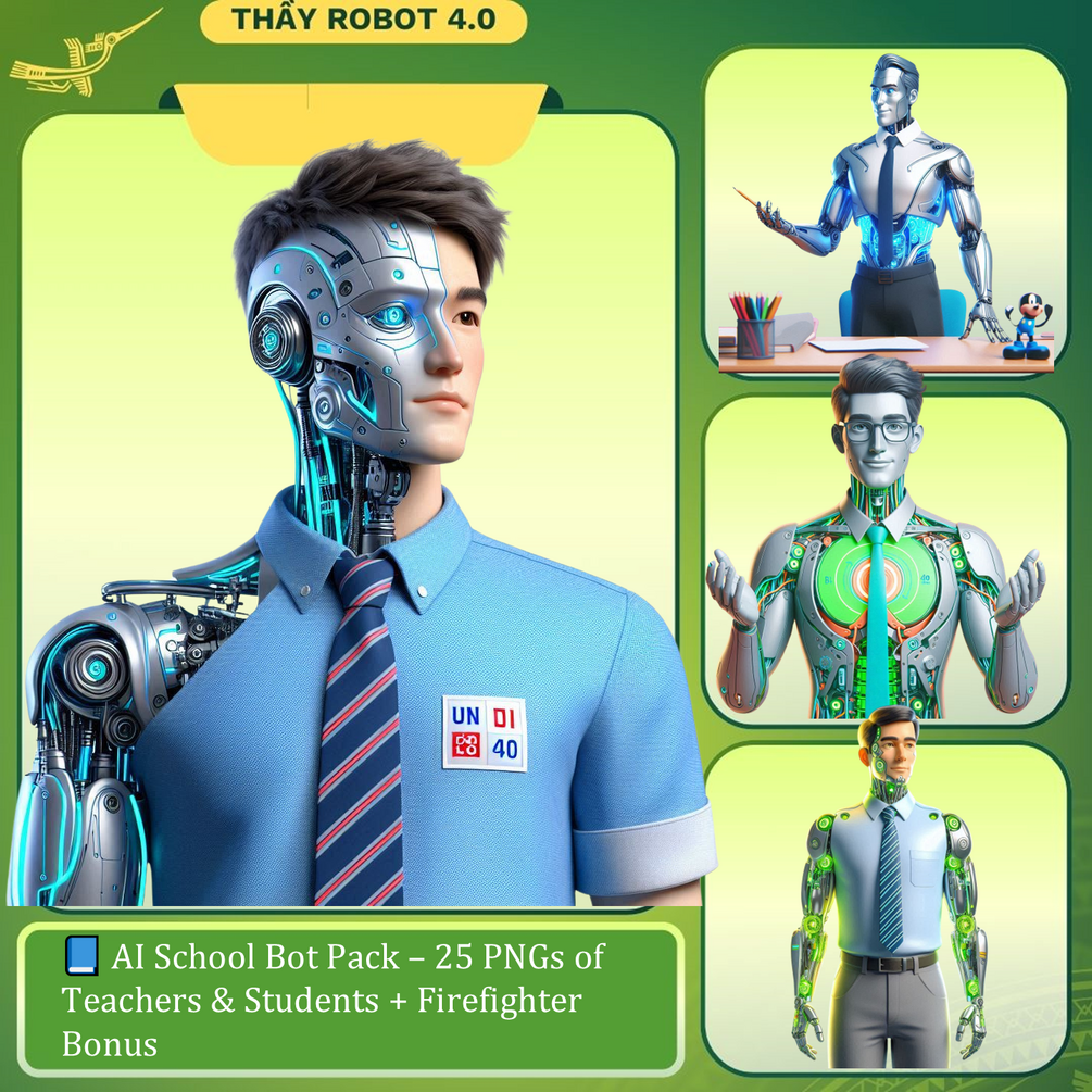 📘 AI School Bot Pack – 25 PNGs of Teachers & Students + Firefighter Bonus