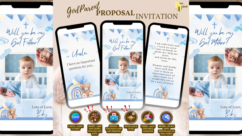 Baptism Modern Animated God Parent Proposal Invitation BAP0018
