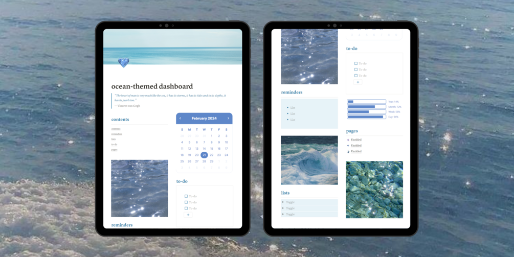 Ocean-themed Light Blue Notion Personal Dashboard